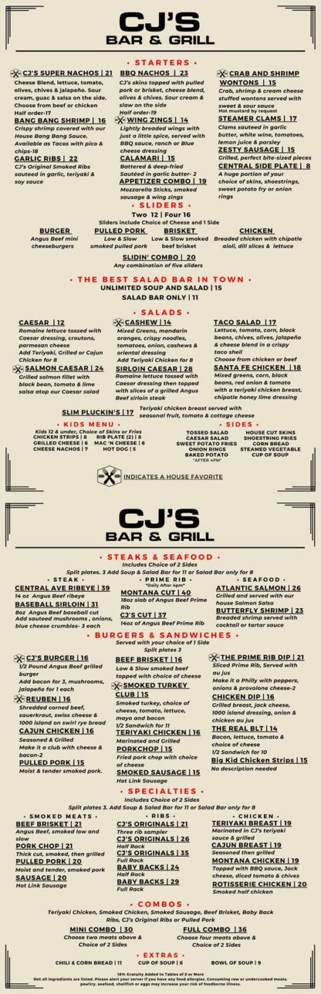 Menu | CJ's Bar & Grill