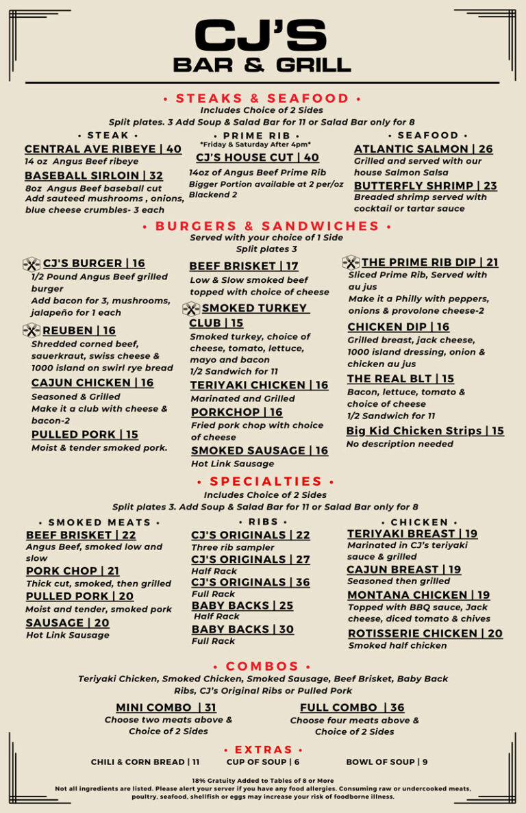 Menu | CJ's Bar & Grill